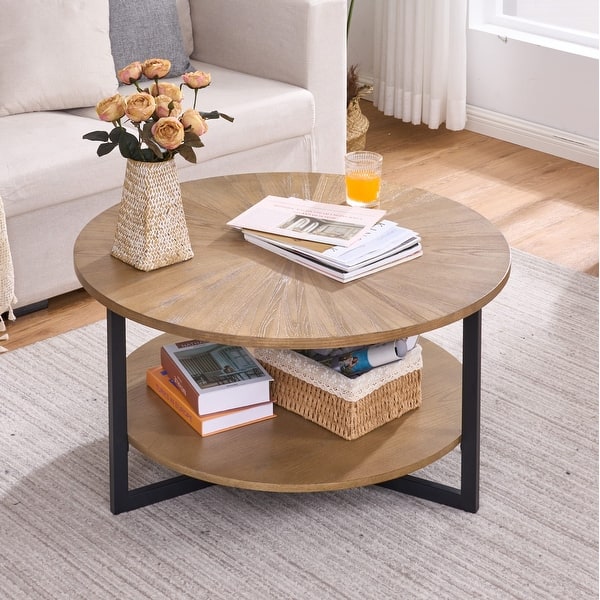 35.3" Round Coffee Table with 2-Tier Storage, Farmhouse Living Room ...