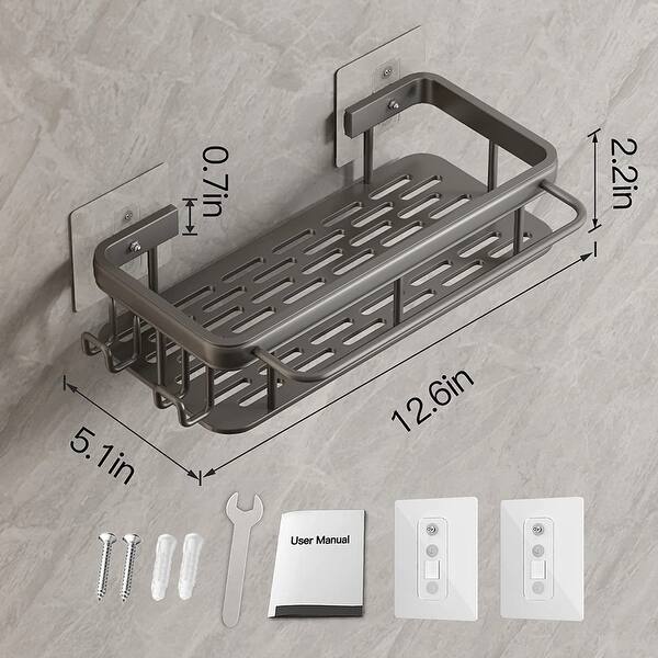 Gray Shower Shelf with Hooks Stick on Shower Caddy No Drilling - Bed ...