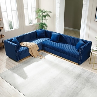 Tufted Channel Sofa, Velvet L-shape Sectional Sofa w/ 4 Pillows, Blue ...