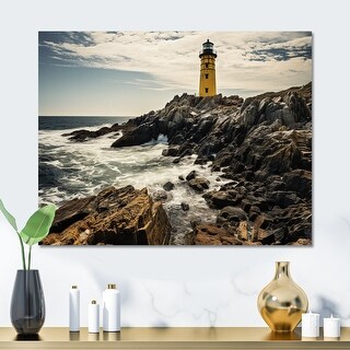 Designart "Grey And Yellow Lighthouse Photo I" Nautical & Beach Metal ...