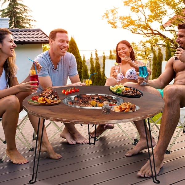 Portable Round Outdoor Patio Wood Burning Fire Pit Table - 32" - Bed ...