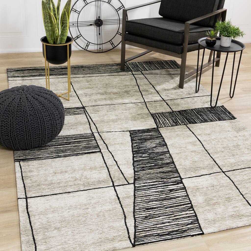 Oliver Collection - Grey Abstract Pen Drawing Rug - Overstock - 29557590