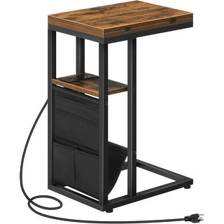 Foldable C-Shaped End Table with Charging Station and Storage Bag for ...