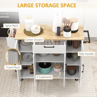 White Rolling Kitchen Cart Portable Storage Cabinet with Towel Rack ...