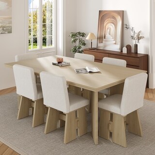 Farmhouse Rectangular Dining Table Set with 6 Upholstered Chairs,7pcs ...