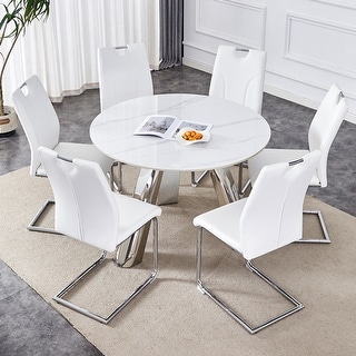 White 7-Piece Round Dining Table Set with 6 PU Leather Dining Chairs ...