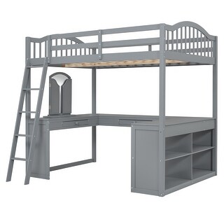 Full Wooden Loft Bed with U-Shaped Desk, Tri-Fold Mirror, Curved ...