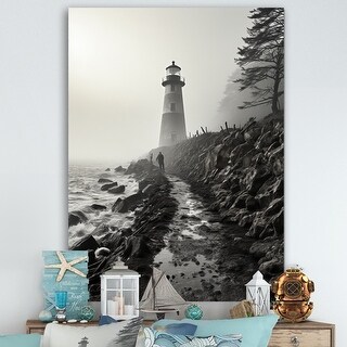 Designart "Black White Lighthouse Misty Horizon" Lighthouses Canvas ...