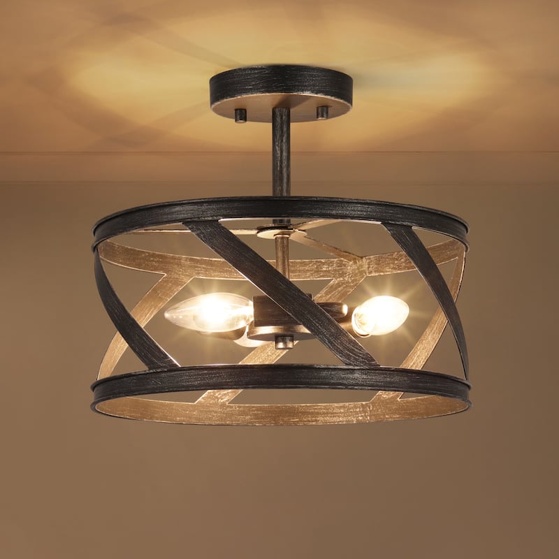 Clyno Modern Farmhouse 3-Light Antique Black Drum Cage Semi Flush Mount ...
