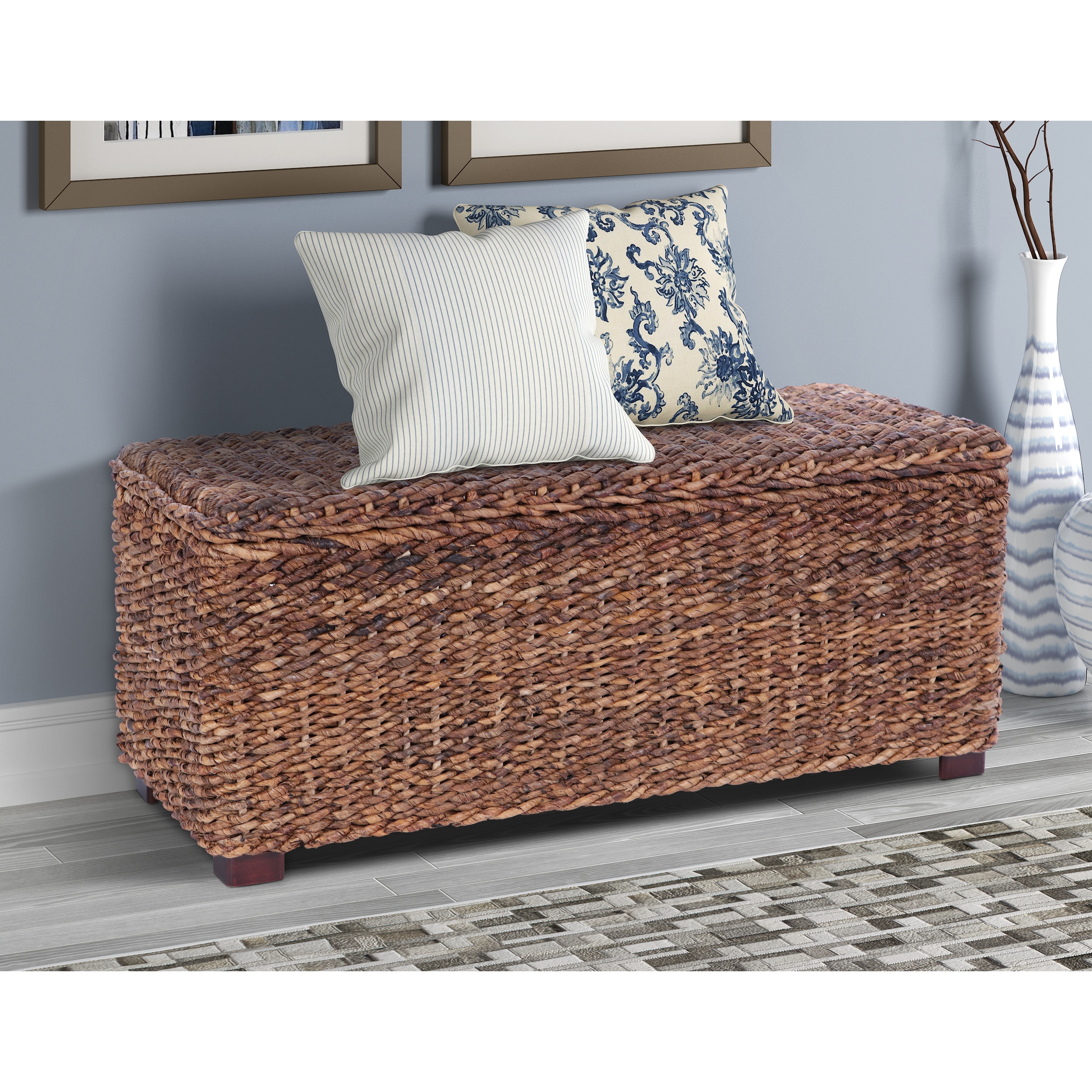 A line furniture modern country style hand woven banana leaf bed with storage ottoman bench store