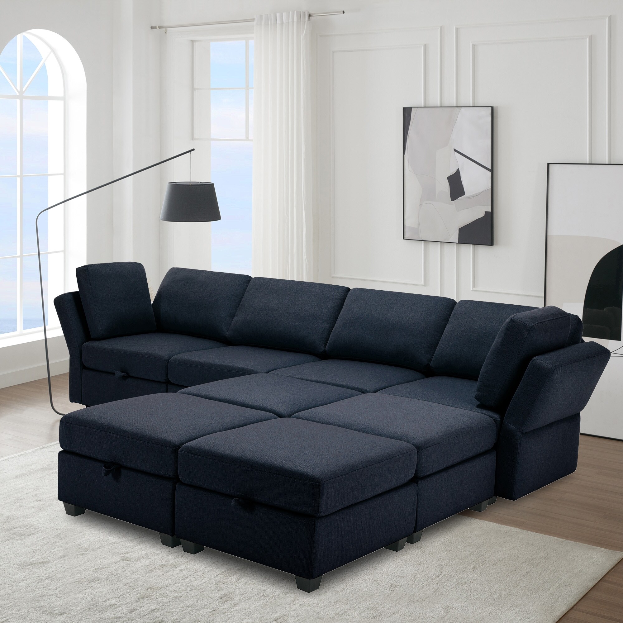 Blue U shaped Storage Sofa Set with Adjustable Arms and Ottoman