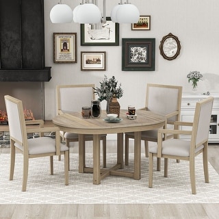 5-Piece Dining Table Set, Two-Size Round To Oval Leaf Wood Dining Table ...