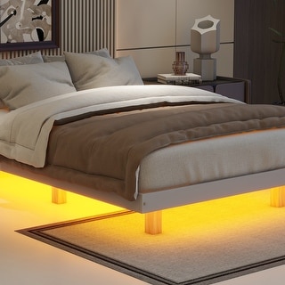 Wooden Full Size Floating Low Profile Platform Bed with LED Lights ...