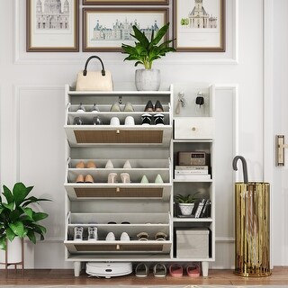 Stylish Shoe Cabinet with 3 Rattan Flip Drawers & Mulit Cabinet, White ...
