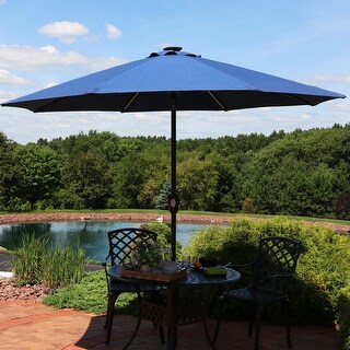 Sunnydaze 9' Navy Blue Outdoor Spun-Poly Market Umbrella w/ Solar LED ...