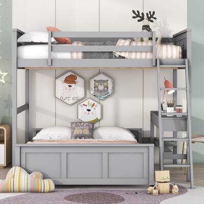 Full Over Full Bunk Bed with Desk & Drawers, Wood Loft Bed Frame, Grey ...