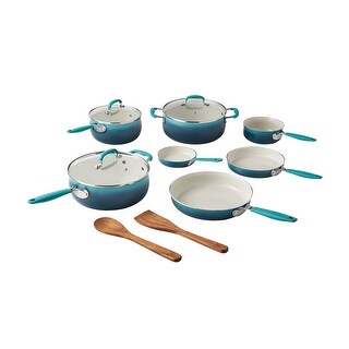 12-Pieces Porcelain Enamel Classic Ceramic Cookware Set, Ombre Teal ...