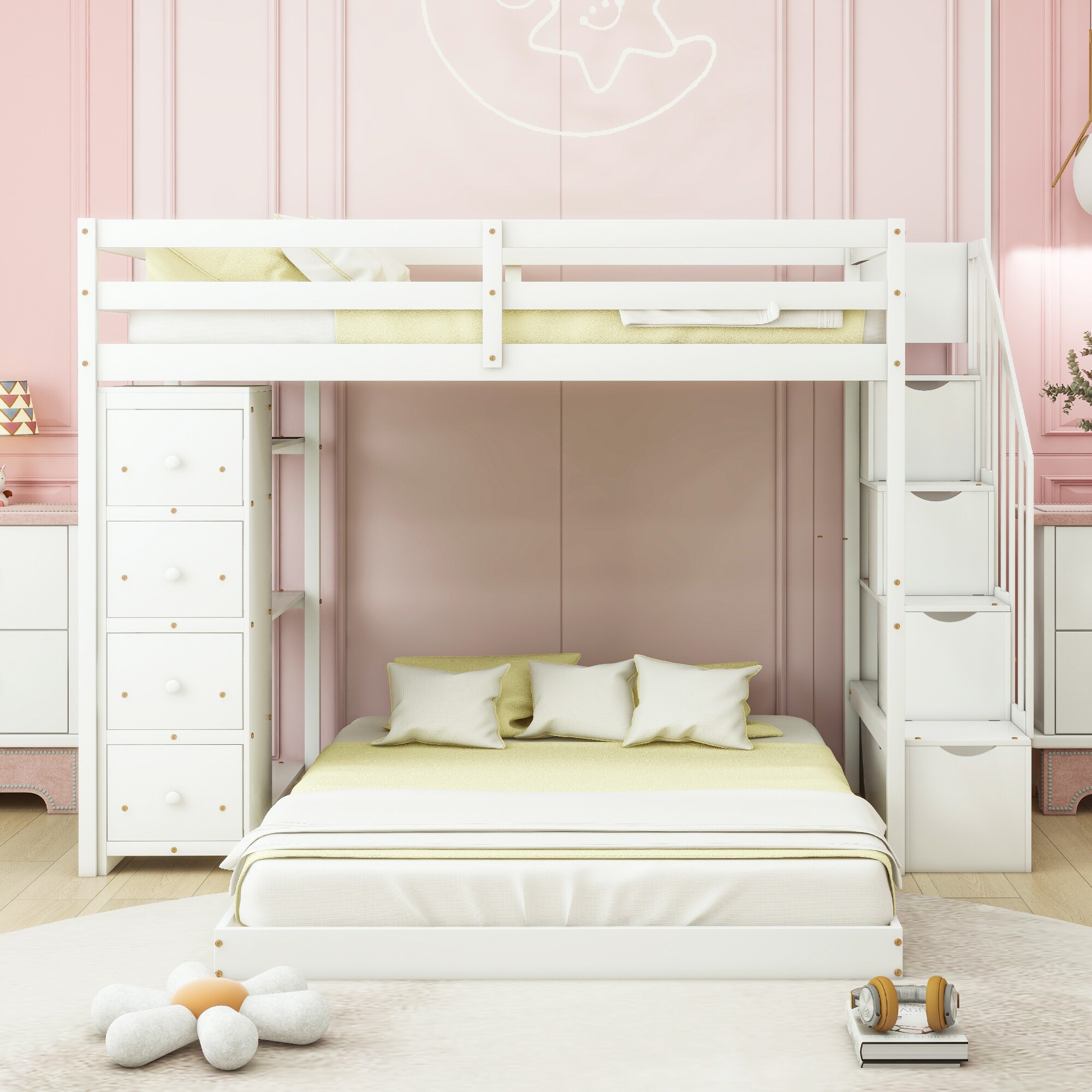 Twin Over Full Bunk Bed Frame w 4 Big Drawers and 3 layer Shelves Wooden Bunk Bed w Storage Stairs for Kids Teens White Bed Bath Beyond 39461255