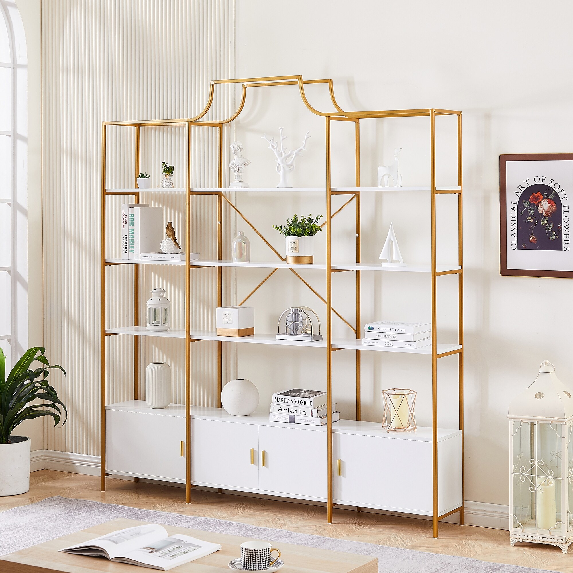 5 Tiers Office Bookshelf,Display Shelf with Round Top,X Bar Gold Frame ...