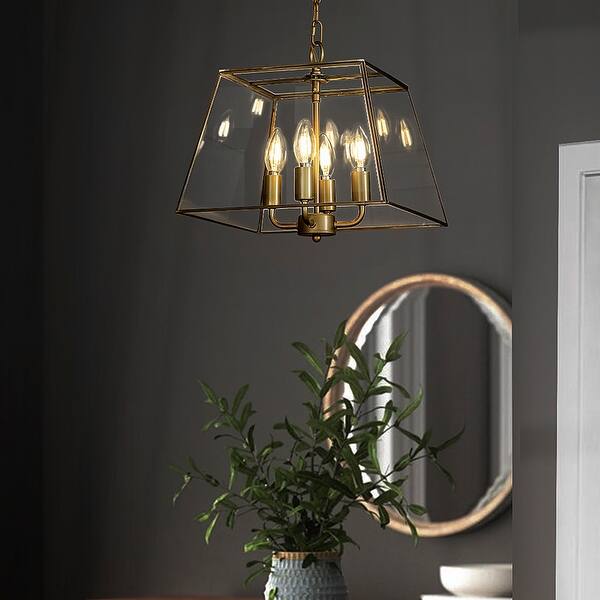 4-Light Unique Geometric Glass Chandelier Brass Trapezoid Pendant Light ...