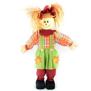 24" Orange Girl Scarecrow with Plaid Dress and Pigtails Halloween ...