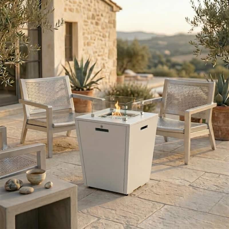 Chelsea Outdoor Aluminum Square Propane Fire Pit Table with Glass Wind ...