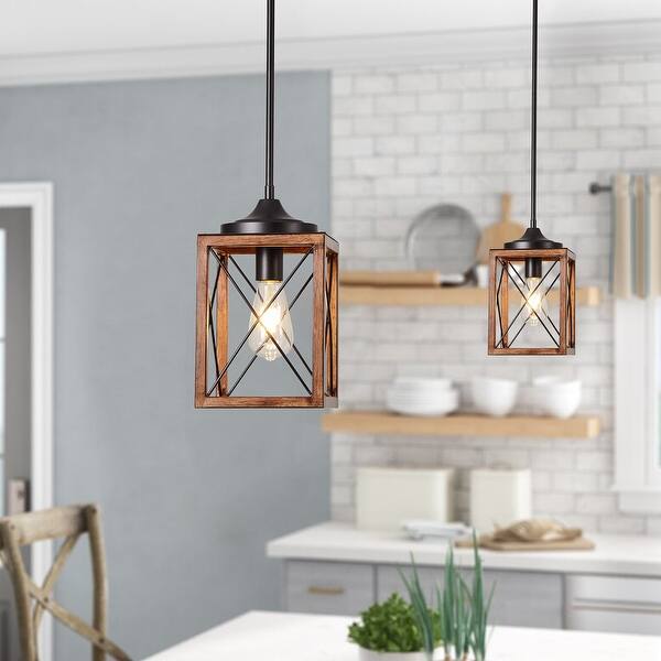 Vintage 1-Light Cuboid Frame Brown Wood Grain Hanging Lamp - On Sale ...