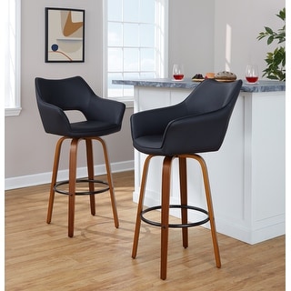 Porch & Den Mac 30" Fixed-Height Upholstered Bar Stool with Bent Wood ...