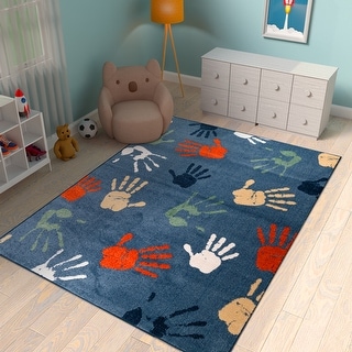 Orian Rugs Playroom Handprints Blue Stain Resistant Kids Area Rug - Bed ...