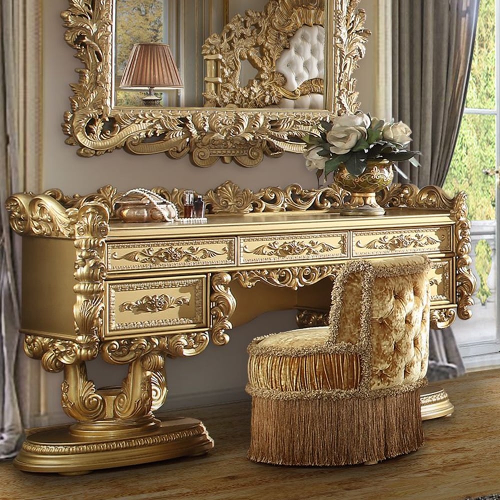 Acme Vendome VANITY DESK Beige Synthetic Leather & Antique Silver ...