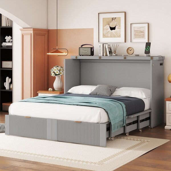 Space Saving Full Size Murphy Bed with Pulley Structure USB Ports and Storage Drawer Easy to Use Wall Bed Grey