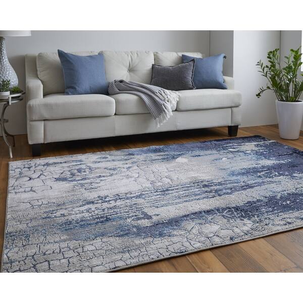 7' X 10' Ivory Blue And Black Abstract Power Loom Distressed Area Rug ...
