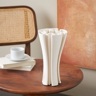 White Ceramic Ribbed Dimensional Folded Abstract Vase with Curvy Rim ...