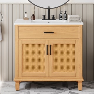 Rattan Bathroom Vanity with Ceramic Sink, Freestanding Bathroom Storage ...