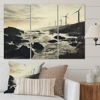 Designart "Wind Turbines Monochrome Coastal Harvest" Landscapes Canvas ...