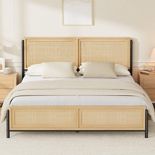 Boho Bed Frame with Natural Rattan Headboard and Footboard - Bed Bath ...