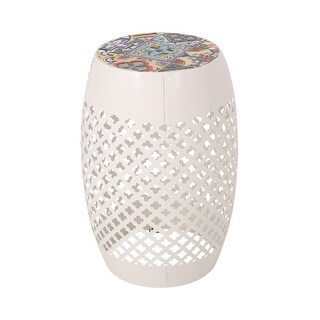 Rosie Outdoor Side Table, White Iron, Lace Cut Drum Structure, 12 Inch ...