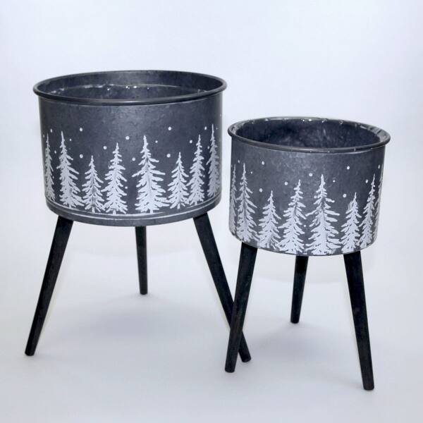 Black With White Pine Tree Pattern On Tripod Legs Planters (Set Of 2 ...