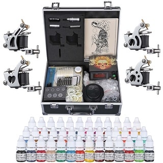 Professional Complete Tattoo Kit 4 Machine 40 Ink Gun Power Supply Grip ...