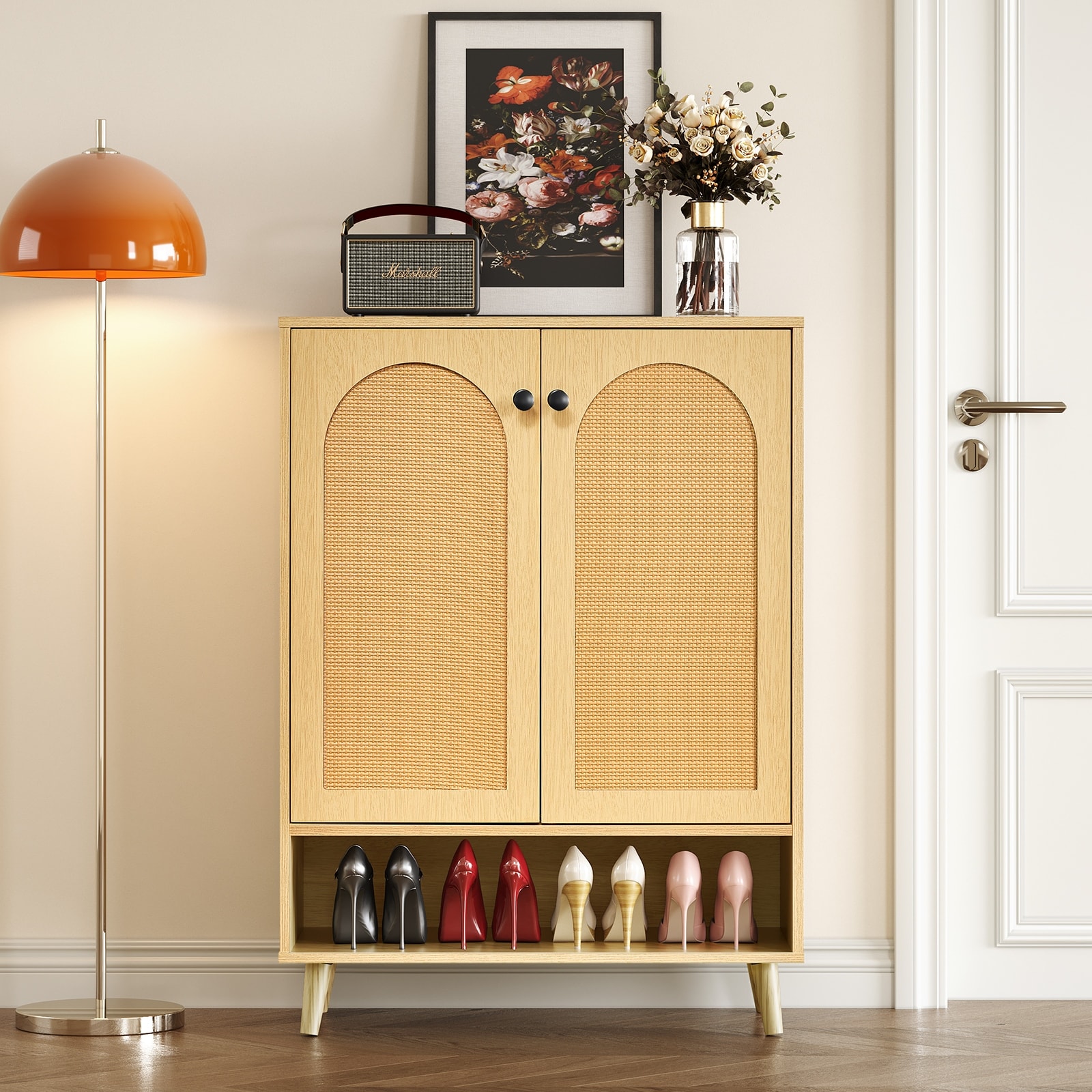 Klair Living Shoe Storage Cabinet with Adjustable Plates Natural Doors 13.78 W x 43 H x 28.74 D Natural Light Brown