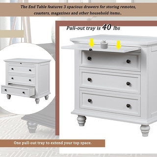 3-Drawer White Bedside Cabinet Sofa Side Table with Pull-out Tray - Bed ...