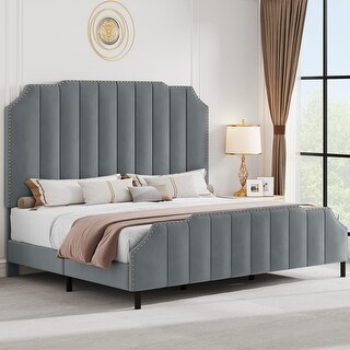Grey Upholstered Bed Frame Velvet Platform Bedframe Mattress Foundation ...