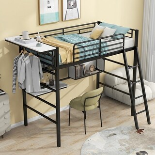 Twin Size Metal Loft Bed with 2 Shelves, Desk and Hanging Clothes Rack ...