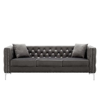Grey Velvet Sofa with Jeweled Buttons, Tufted Square Arms, Chrome ...