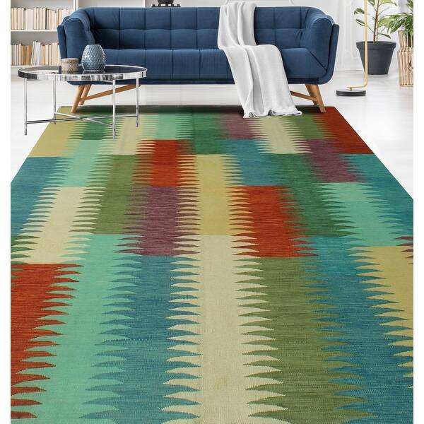 Hand-Woven Winchester Kilim Jayne Green/Rust Rug - 8'2" x 9'10" - Bed ...