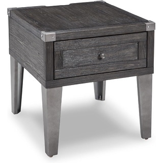 Industrial Square End Table with Drawer, 2 Outlets & 2 USB Ports, Dark ...