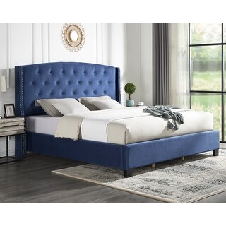 Luxurious Blue Upholstered Queen Bed Frame, Wingback Headboard with ...