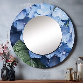 Designart "Blue Green Hydrangea Blooms Heaven" Floral Round Mirror Wall ...