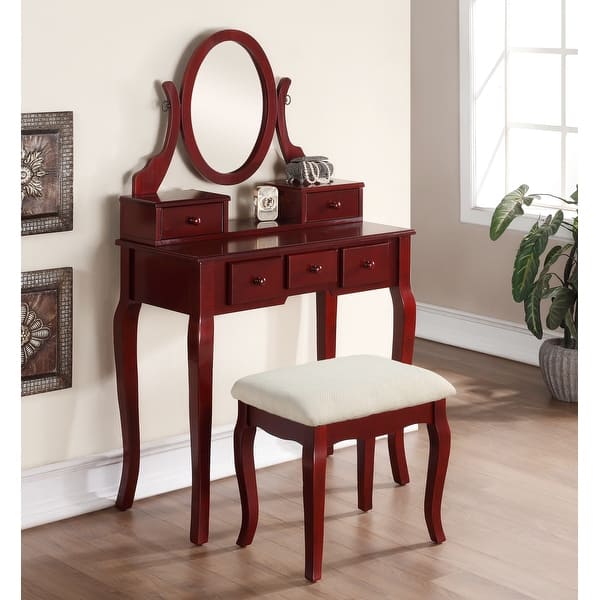 Roundhill Furniture Ashley Wood Cherry Makeup Vanity Table and Stool ...