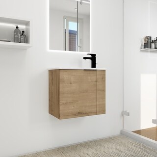 22-Inch Floating Bathroom Vanity with White Ceramic Sink and Rich Brown ...